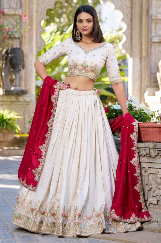 Buy Cream Embroidered Silk Lehenga Choli for Festival Online - ROY503602