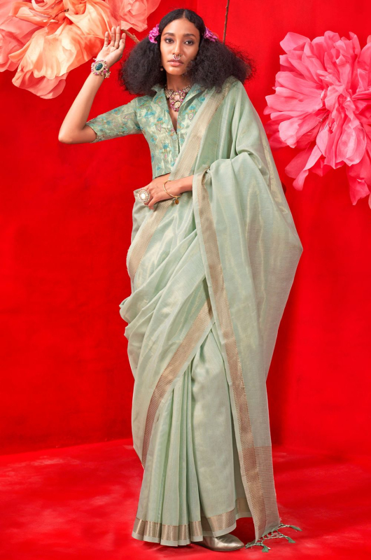 Buy Pastel Green Handloom Weaving Tissue Silk Saree Online - SJDN26801