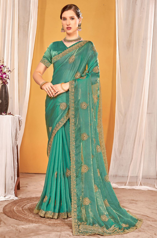 Rama Green Silk Embroidered Saree for Party