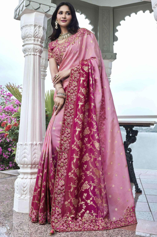 Buy Rose Pink and Fuchsia Embroidered Viscose Silk Designer Saree Online