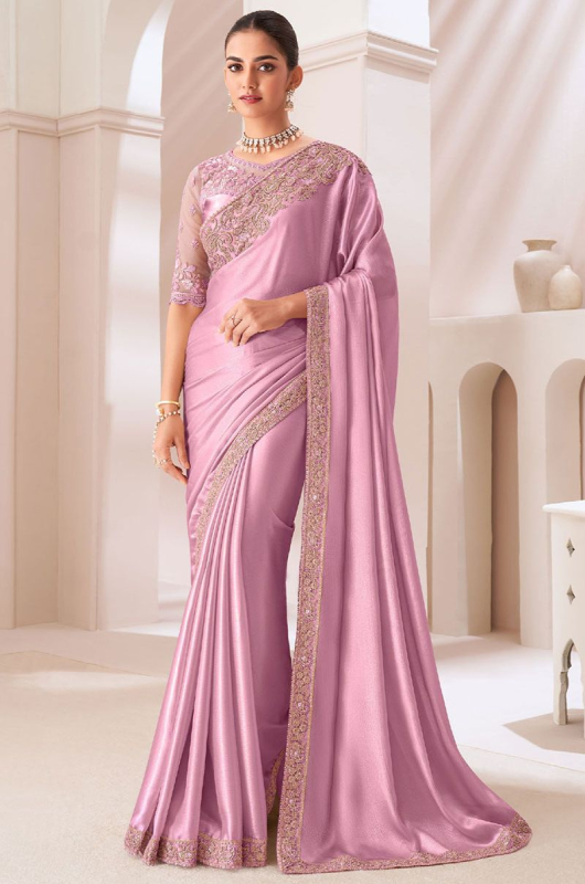 Buy Rose Pink Embroidered Saree with Designer Blouse Online - SA462203B